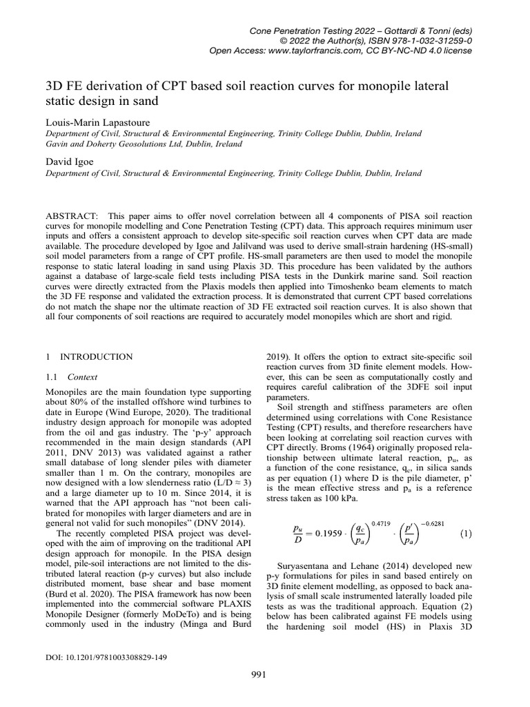 3D FE Derivation of CPT Based Soil Reaction Curves For Monopile Lateral Static Design in Sand ...