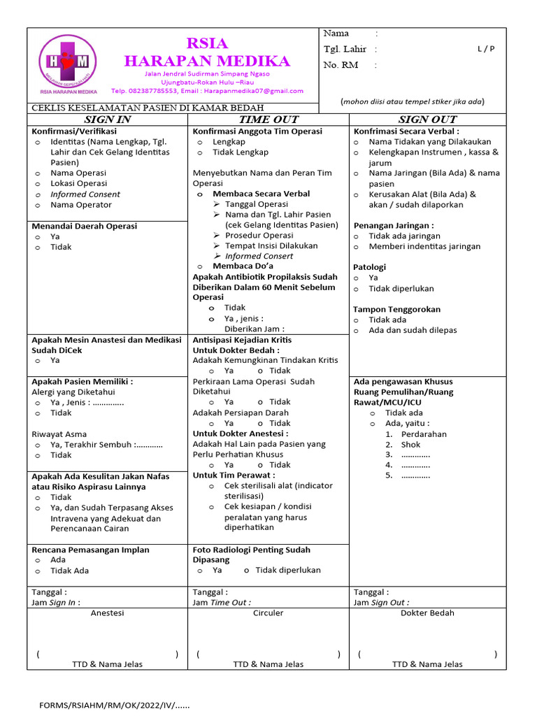 Checklist Keselamatan Pasien Operasi (Time Out) | PDF