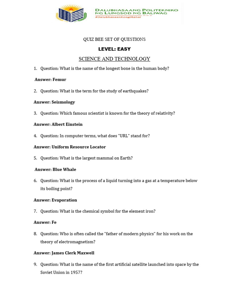 Quiz Bee Set of Questions (Science and Technology) | PDF | Quantum Mechanics | Earth