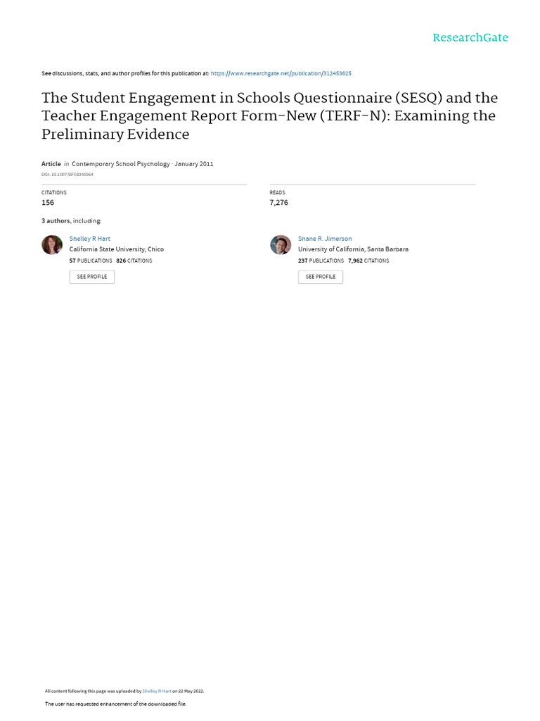 The Student Engagement in Schools Questionnaire (SESQ) and The Teacher ...