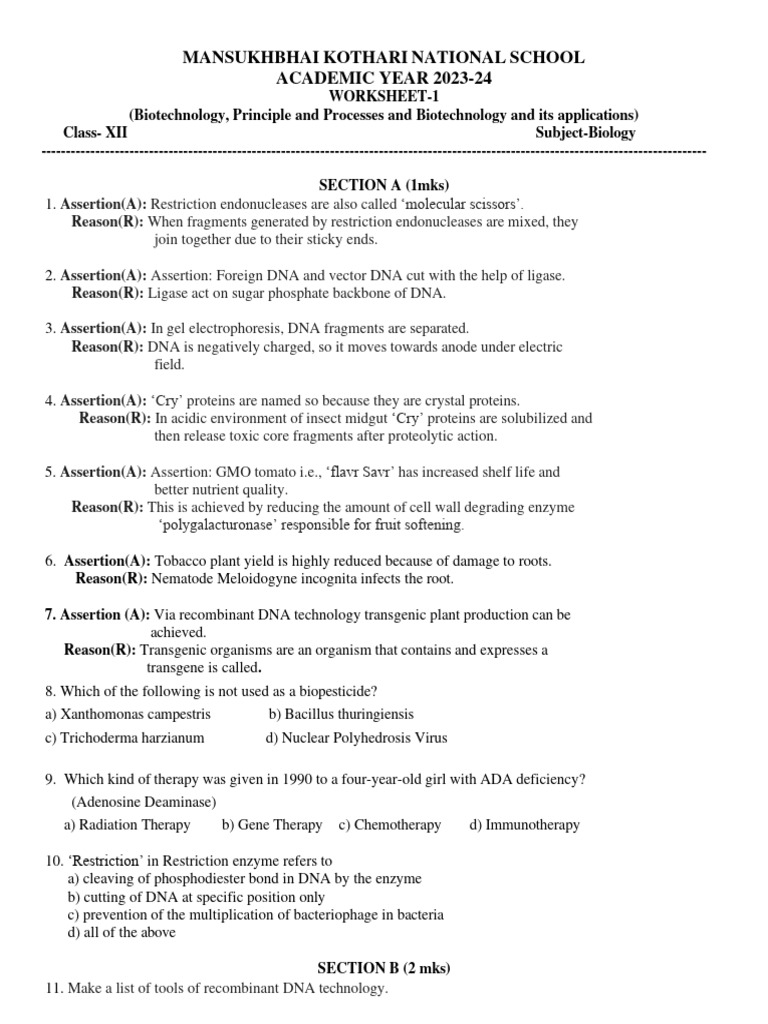 XII Worksheet-1 2023 | PDF | Genetically Modified Organism | Molecular ...