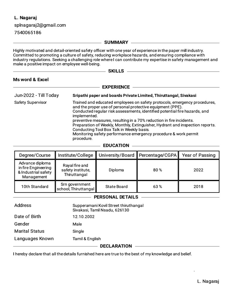 Resume Format31 1692865373170 L.Nagaraj | PDF | Safety | Fire Safety