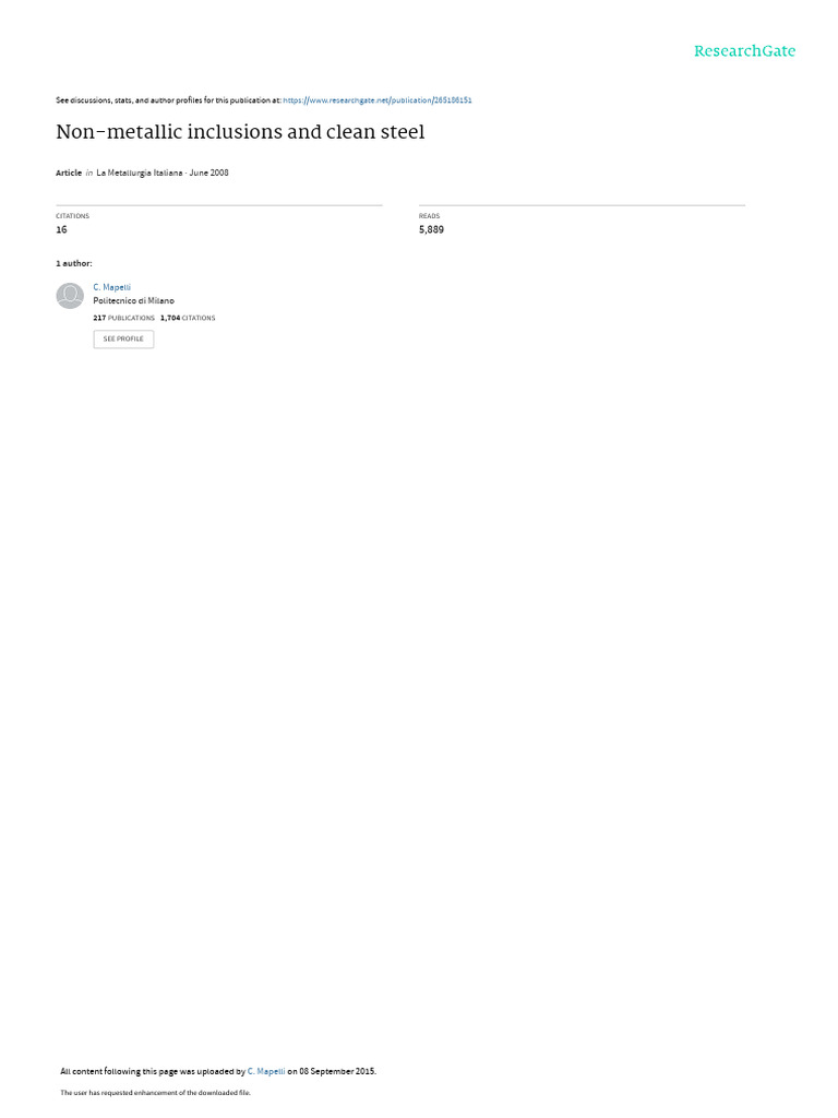 Non-Metallic Inclusions and Clean Steel | PDF