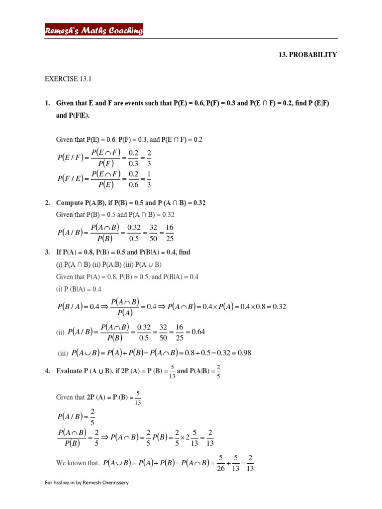 Probability Note Ex 13.1 - Hsslive | PDF | Mathematical Concepts | Statistics