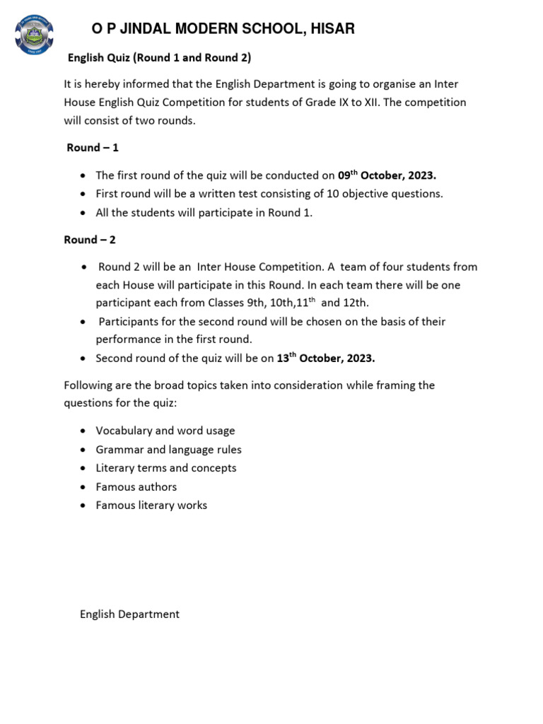 English Quiz Competition | PDF