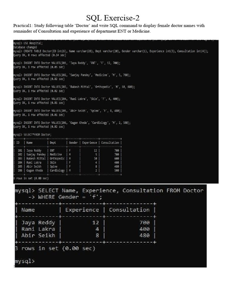 MY SQL SET 1 PRACTICAL. Vkb12thsci | PDF
