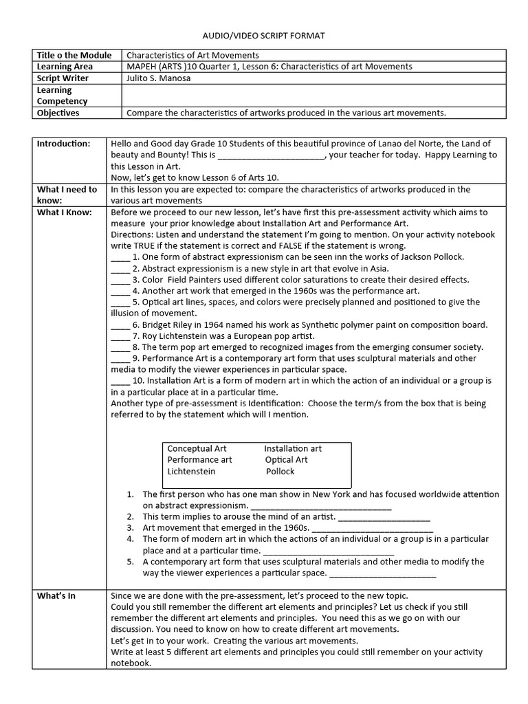 arts10 lesson 6 script | PDF | Paintings | Performance Art