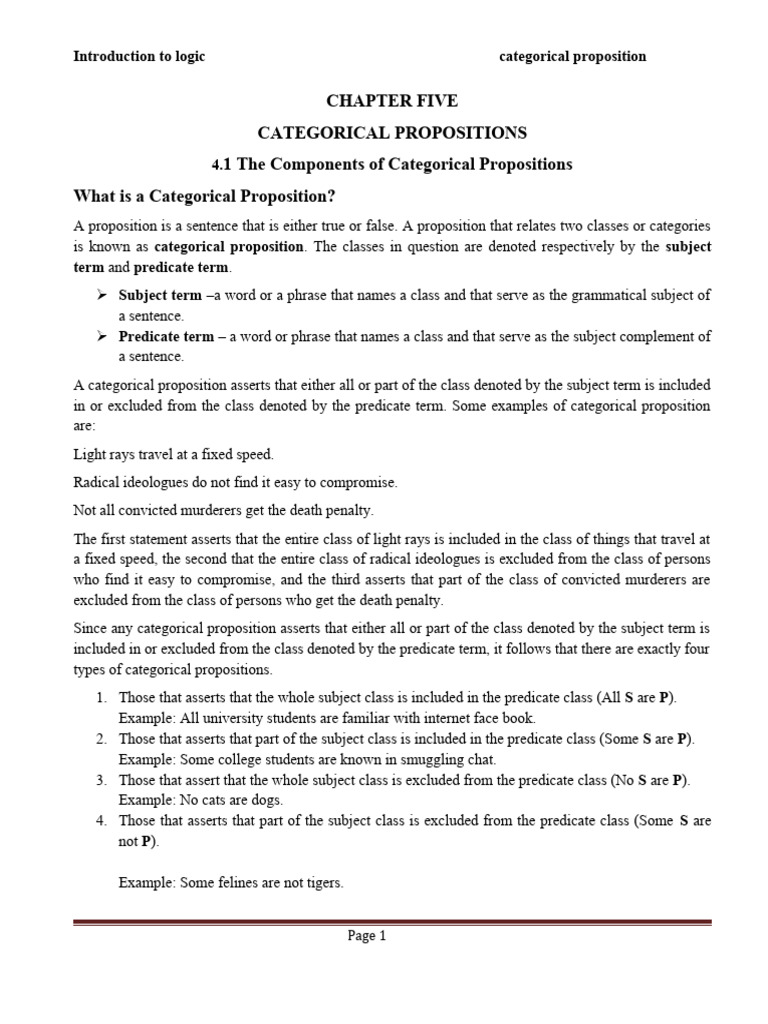 Chapter Five Categorical Propositions 1 The Components of Categorical Propositions What Is A ...