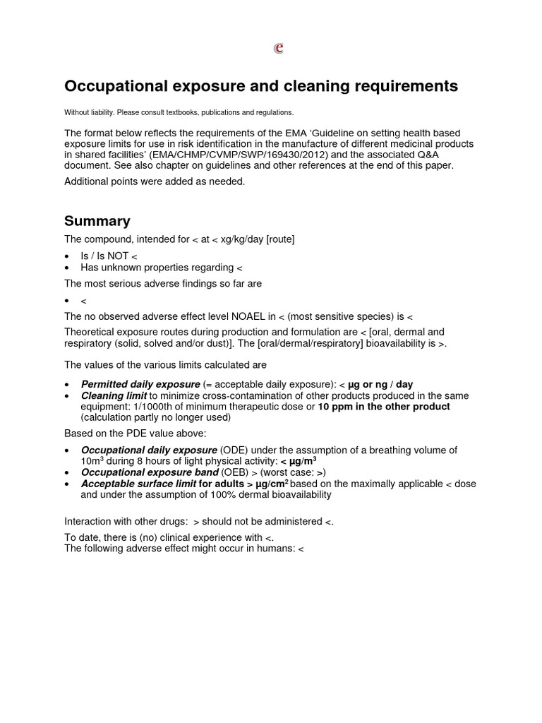 Occupational Exposure & Cleaning Limits | PDF | Wellness
