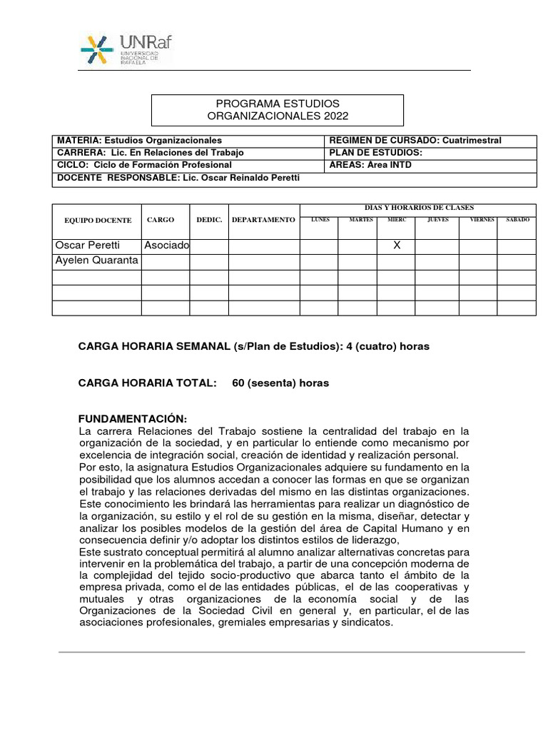 Programa de La Materia Estudios Organizacionales 2022 | PDF