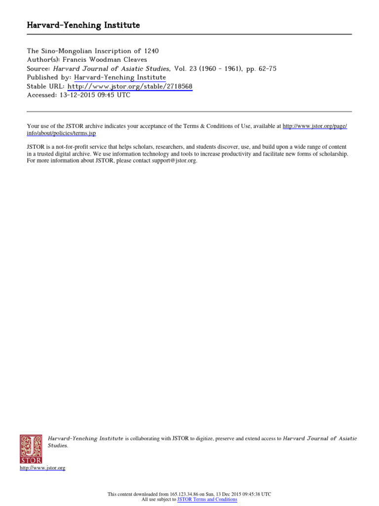 1960 - Francis Woodman Cleaves - The Sino-Mongolian Inscription of 1240 ...