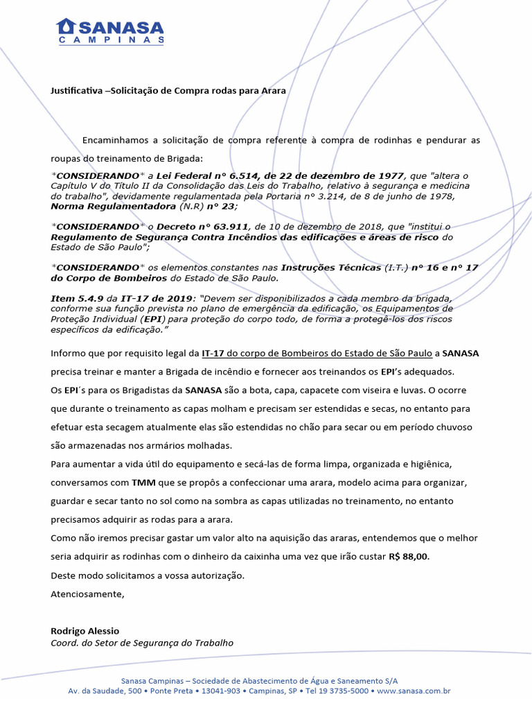 Justificativa de Compra - Rodinhas para Arara Brigada e Altura | PDF