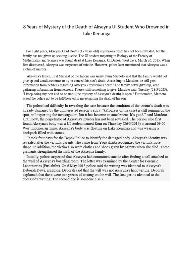 8 Years of Mystery of The Death of Akseyna UI Student Who Drowned in ...