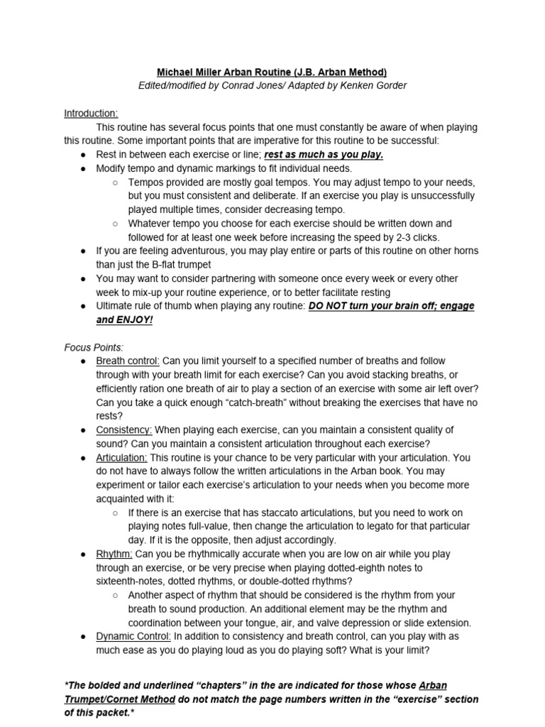 Miller Arban Routine - Text - Exercises v4 | PDF | Musical Notation | Musicology