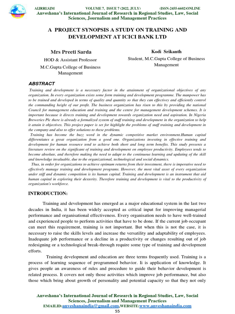 A Project Synopsis A Study On Training and Development at Icici Bank ...