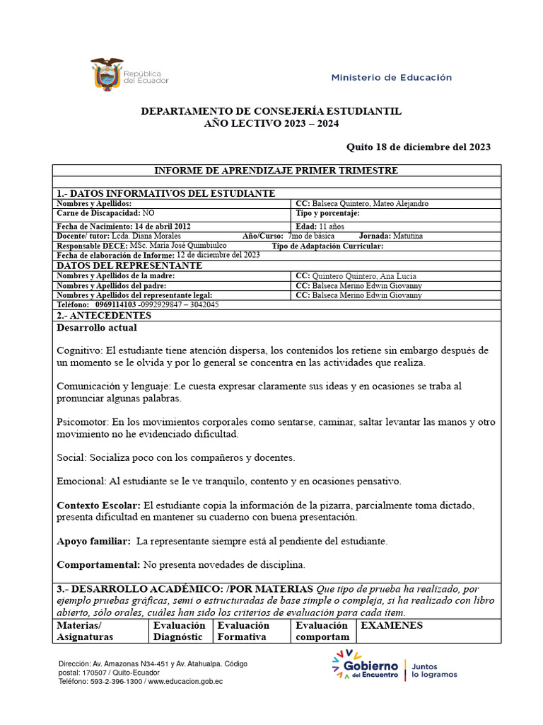 Informe de Aprendizaje Ministerio de Educación | PDF