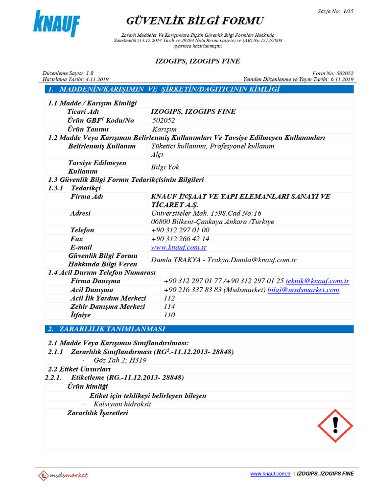 Izogips, Izogips Fine - Knauf - Sea - SDS - 502052 - TR052 | PDF