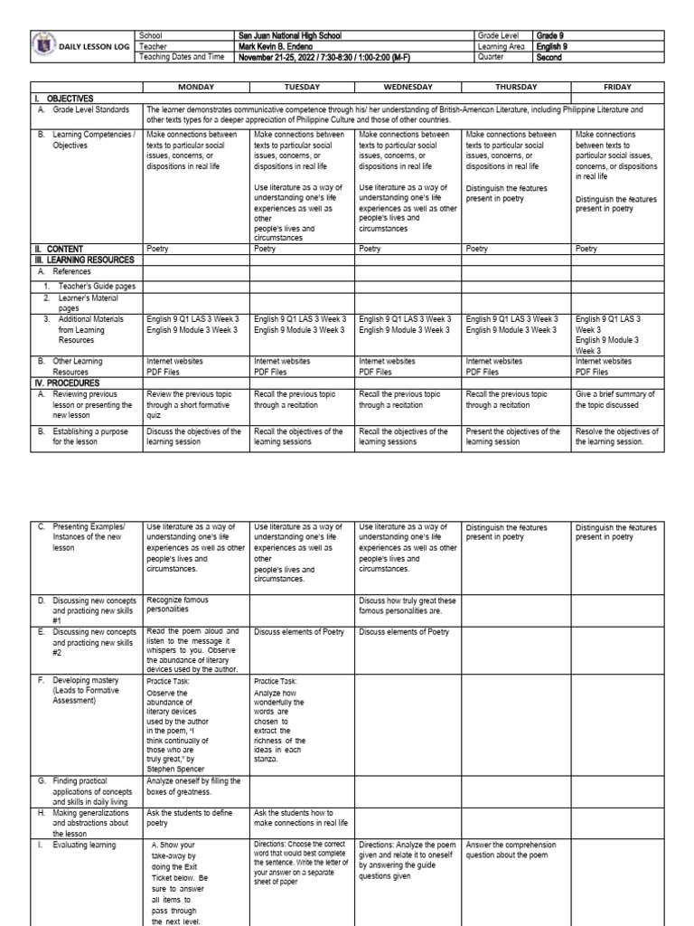 DAILY-LESSON-LOG-week-5 | PDF | Learning | Poetry