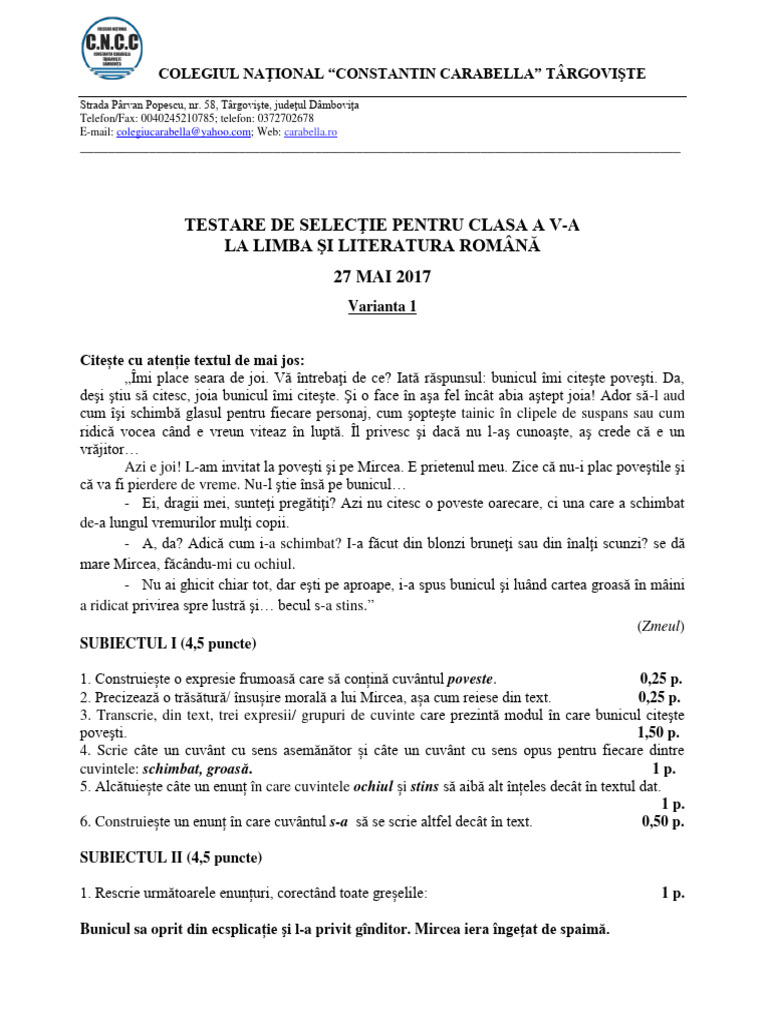 Testare de Selecţie Pentru Clasa A V-A La Limba Şi Literatura Română 27 ...