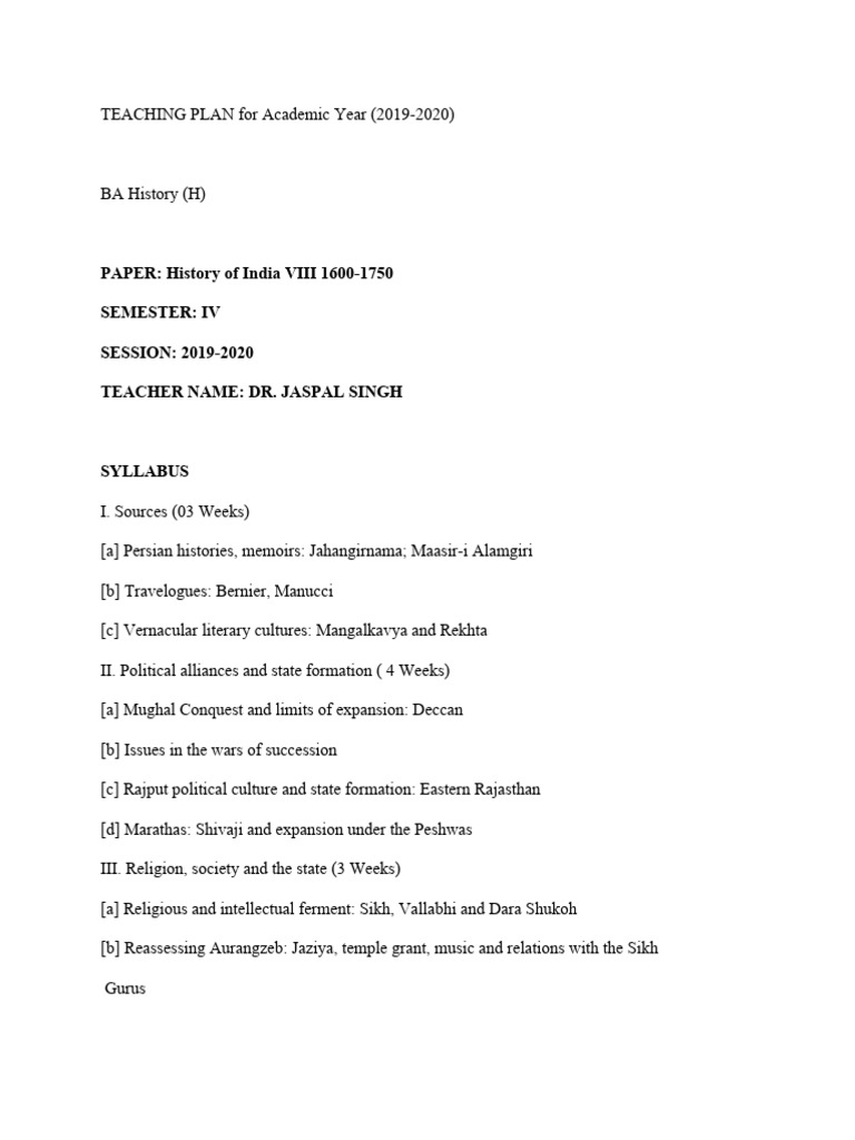 History of India 1600-1750 Teaching Plan | PDF | Mughal Empire | South Asia