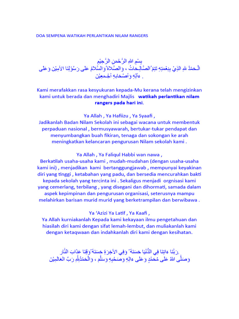 Doa Perlantikan Nilam Rangers | PDF | Karier & Perkembangan