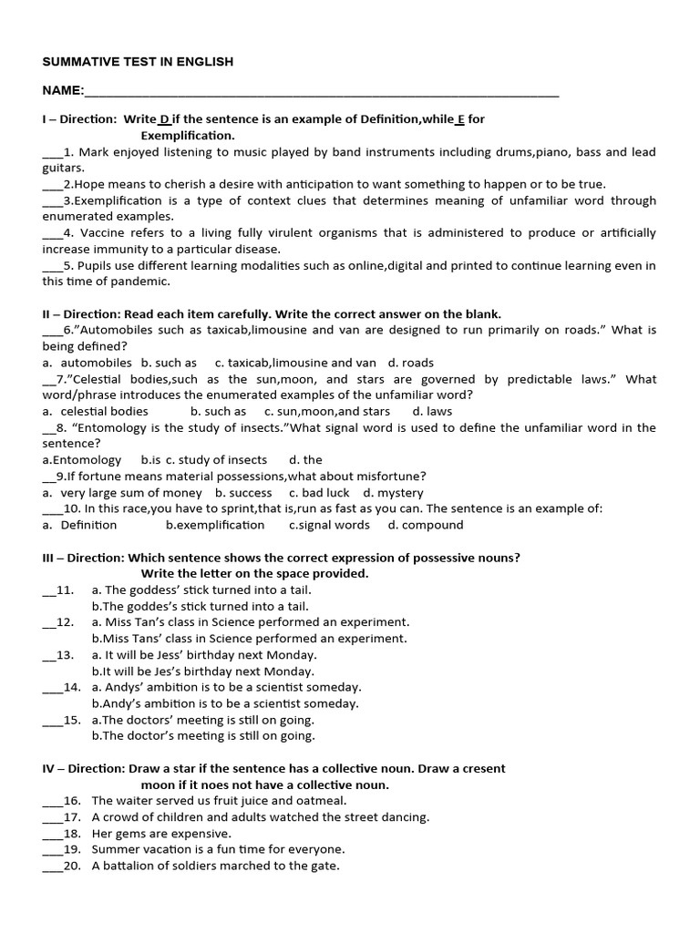 Summative Test in English 4 | PDF | Language Arts & Discipline