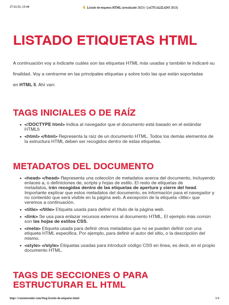 Listado de etiquetas HTML 2023 | PDF | HTML | Página web