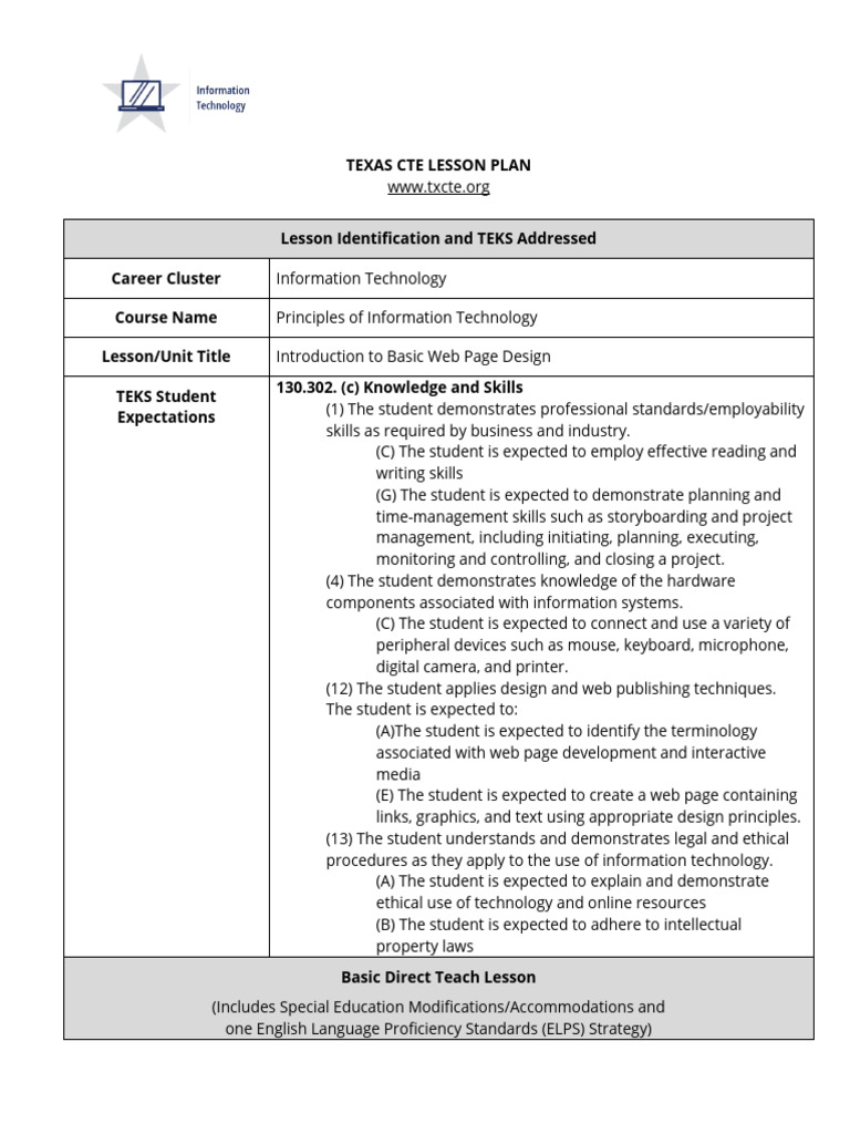 Lesson Plan Introduction To Basic Web Page Design - 0 | PDF | World ...