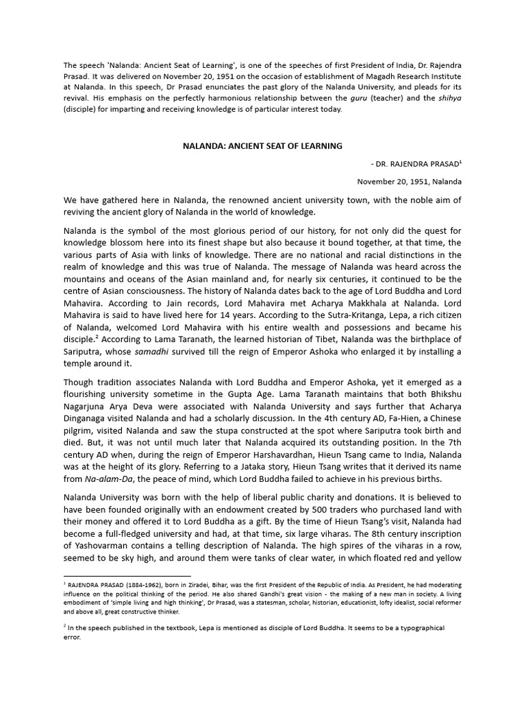 NALANDA - Speech of DR Rajendra Prasad PDF | PDF | Indian Religions | Indian Philosophy