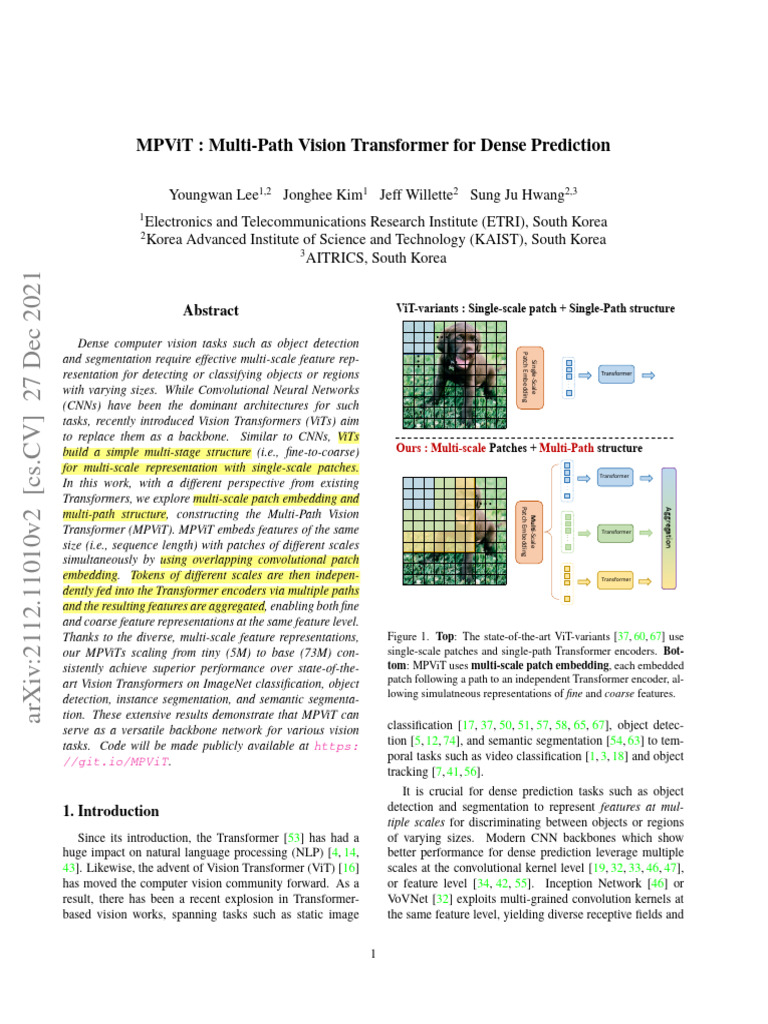 MPViT Multi-Path Vision Transformer For Dense Prediction | PDF