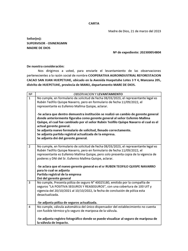 Carta Levantamiento de Observaciones | PDF Carta Levantamiento de Observaciones | PDF
