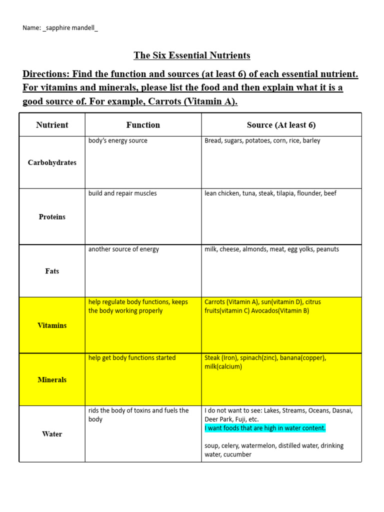 Six Essential Nutrients Worksheet Guide | PDF