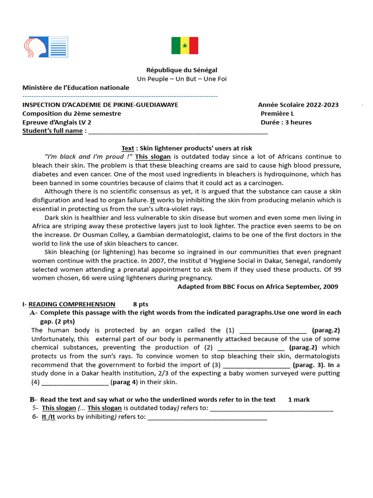 Epreuve LV 2 Anglais Premiere L Composition 2e Semestre 2023 | PDF