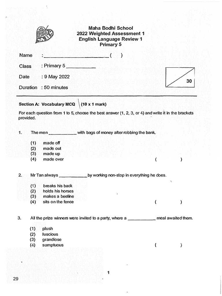 P5 English MahaBodhi 2022 WA1 Exam Papers | PDF