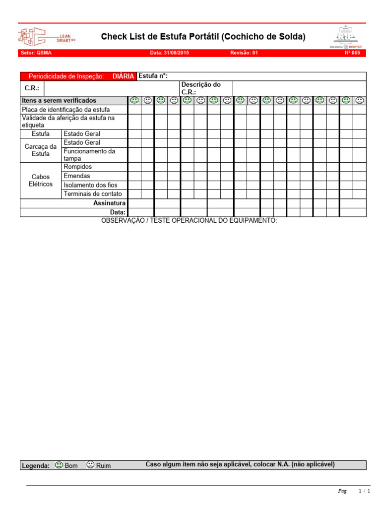 IT G 09 001 - Check List 065 - Rev 01 - Estufa Portátil (Cochicho de ... IT G 09 001 - Check List 065 - Rev 01 - Estufa Portátil (Cochicho de ...