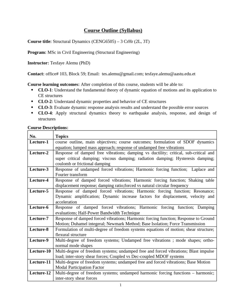 Structural Dynamics Course Outline | PDF | Damping | Continuum Mechanics