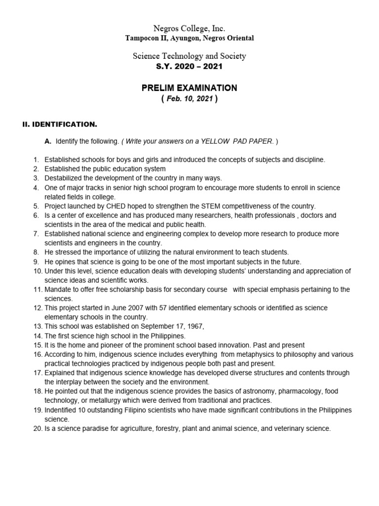STS Prelim Exam. 2021 | PDF | Science | Innovation