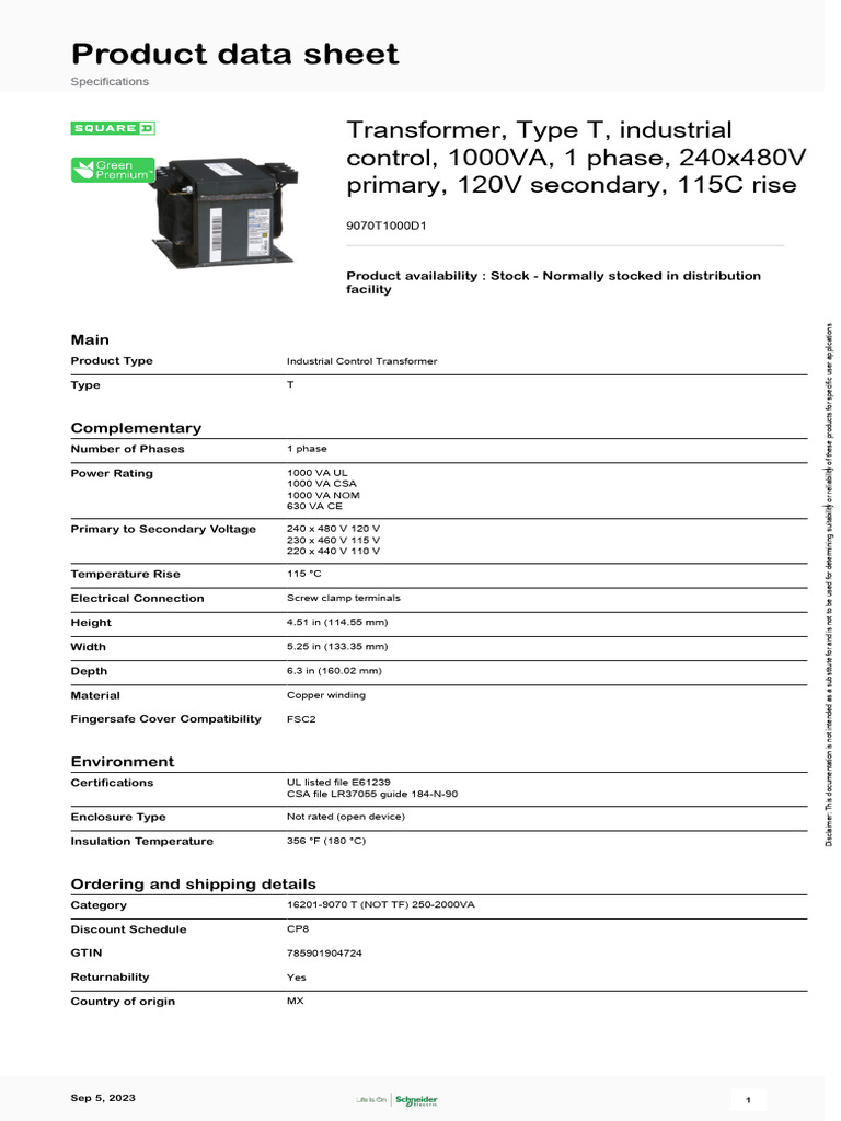 Industrial Control Transformers (Machine Tool) - 9070T1000D1 | PDF | Transformer | Electrical ...