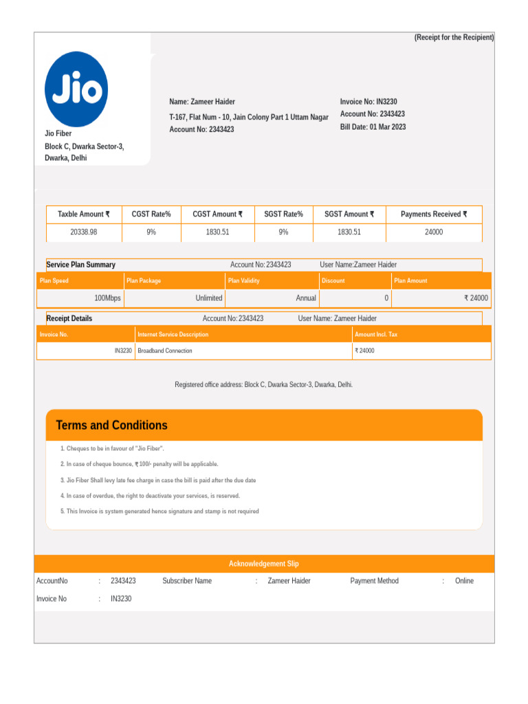 Jio Fiber Invoice and Payment Details | PDF | Receipt | Invoice
