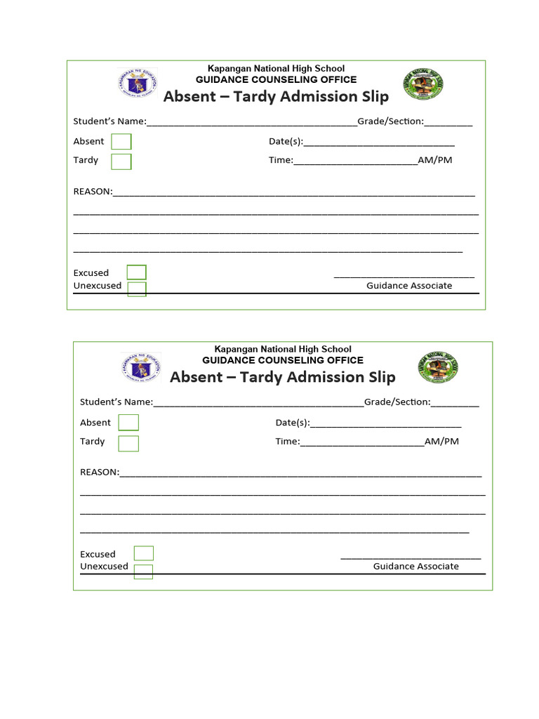 Absent-Tardy Admission Slip Template | PDF