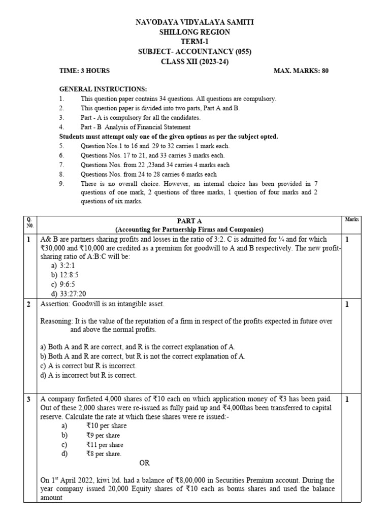 Class XII - Accountancy | PDF | Goodwill (Accounting) | Balance Sheet