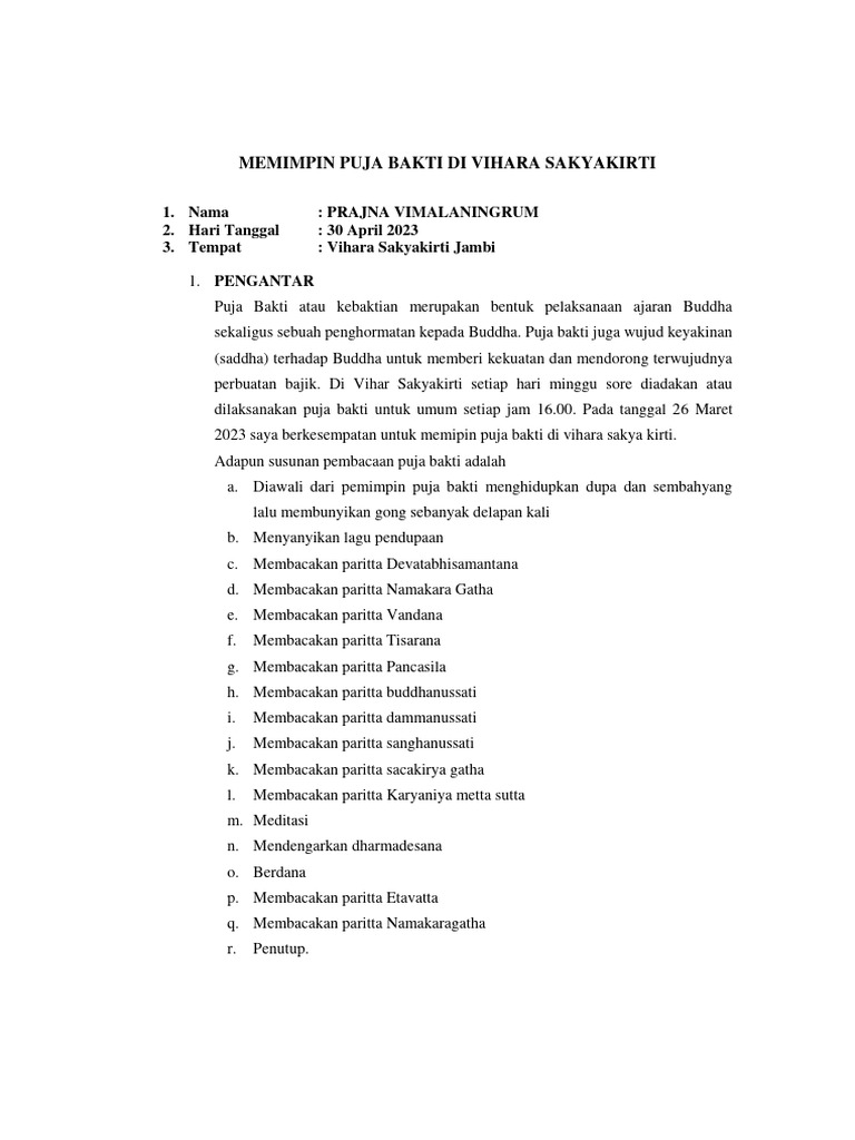 Memimpin Puja Bakti di Vihara Sakyakirti | PDF