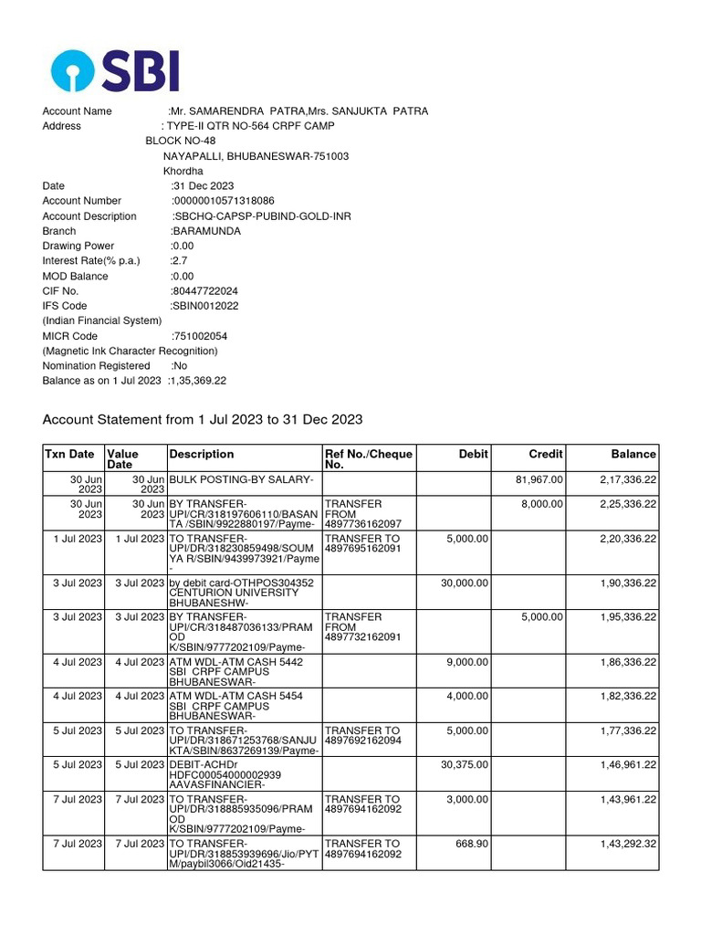 Account Statement: July-Dec 2023 | PDF | Debit Card | Cheque