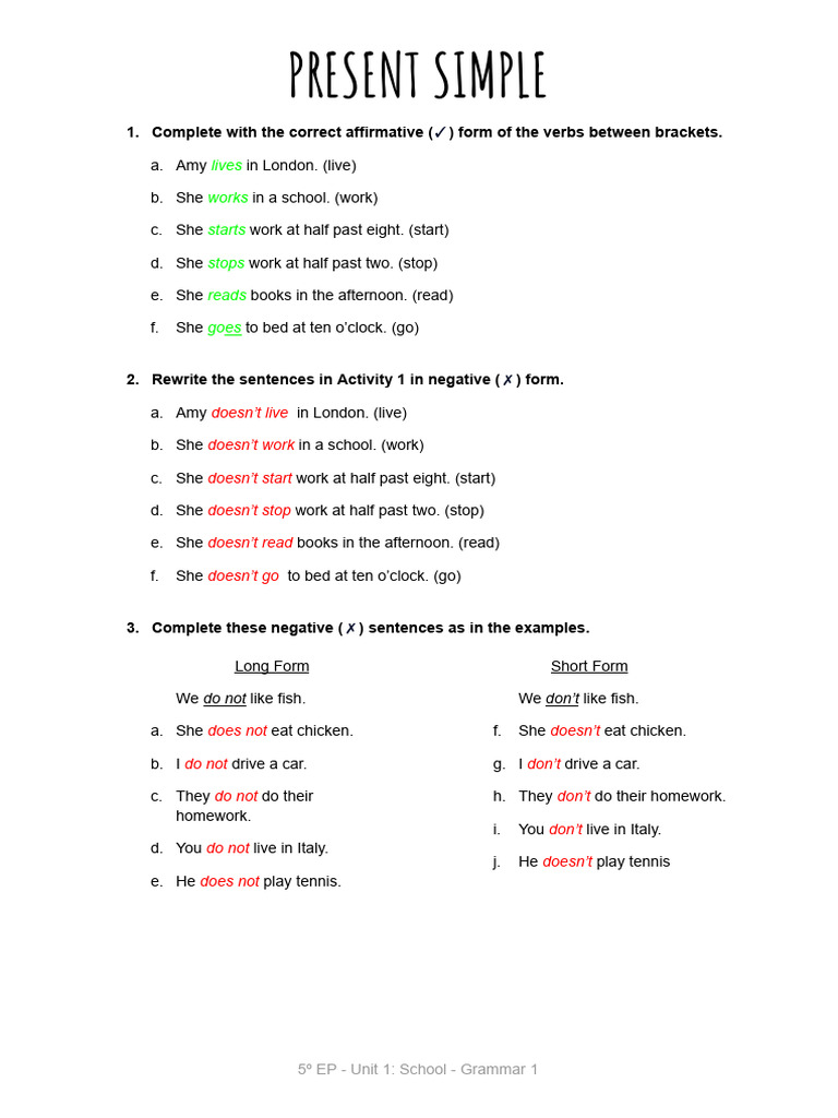 5º EP Unit 1 Grammar 1 Present Simple | PDF