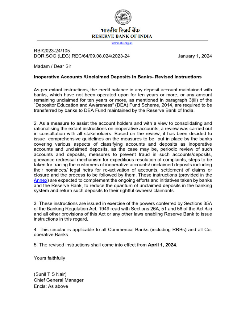 RBI Circular - Inoperative Accounts - Unclaimed Deposits in Banks | PDF