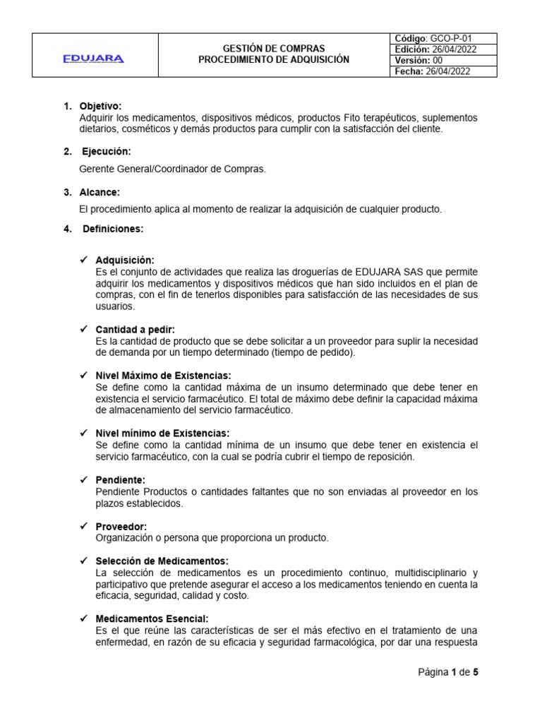 Procedimiento de Adquisición | PDF | Medicamentos con receta | Calidad (comercial)