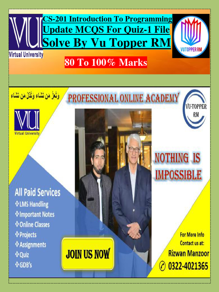 CS201 Quiz-1 File by Vu Topper RM | PDF | Pointer (Computer Programming) | Control Flow