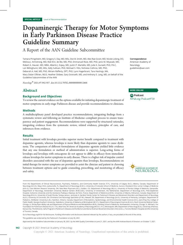 AAN Guideline For Dopaminergic Therapy For Motor Symptoms in Early ...