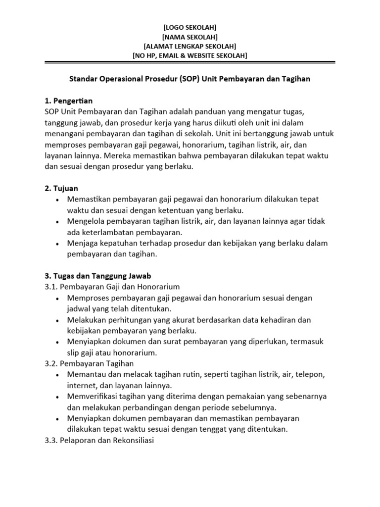 SOP Unit Pembayaran Dan Tagihan | PDF | Pengelolaan Keuangan & Uang