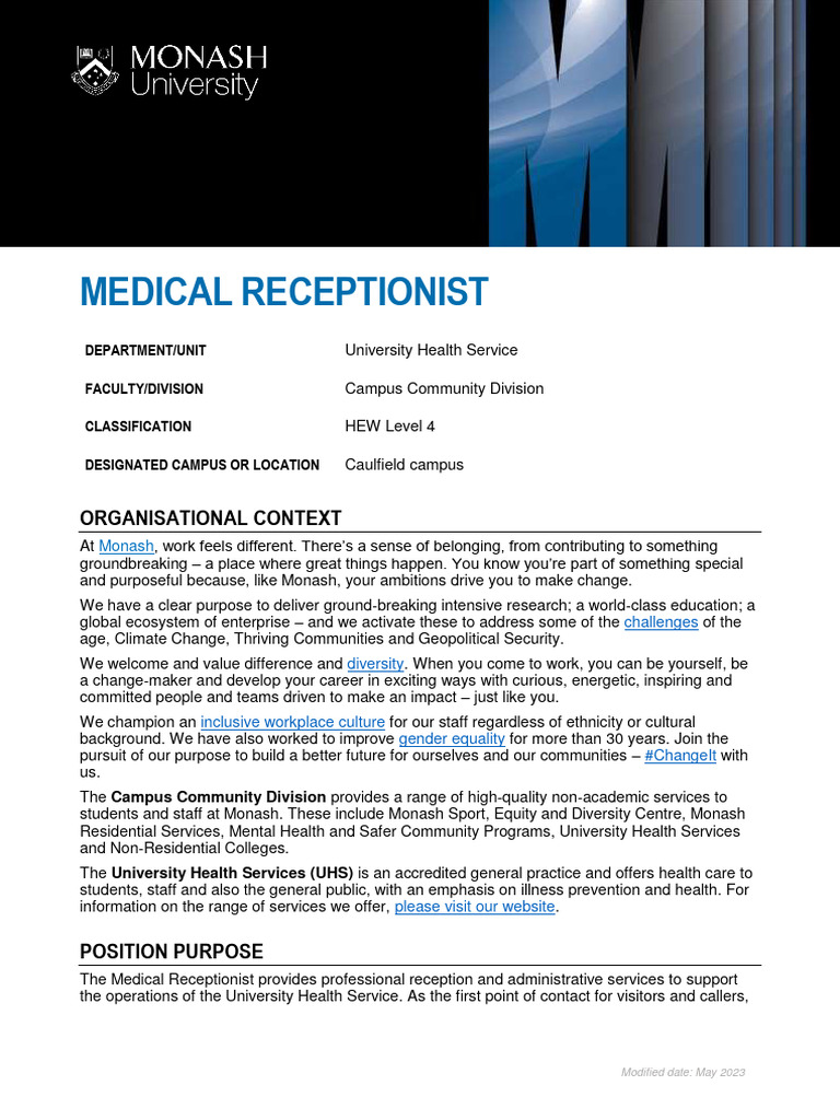 Advertised PD - Medical Receptionist - 651259 | PDF